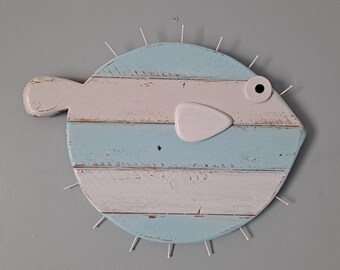 Large Wooden Puffer Fish Handmade Distressed Beach Blue Wall Decor - Etsy