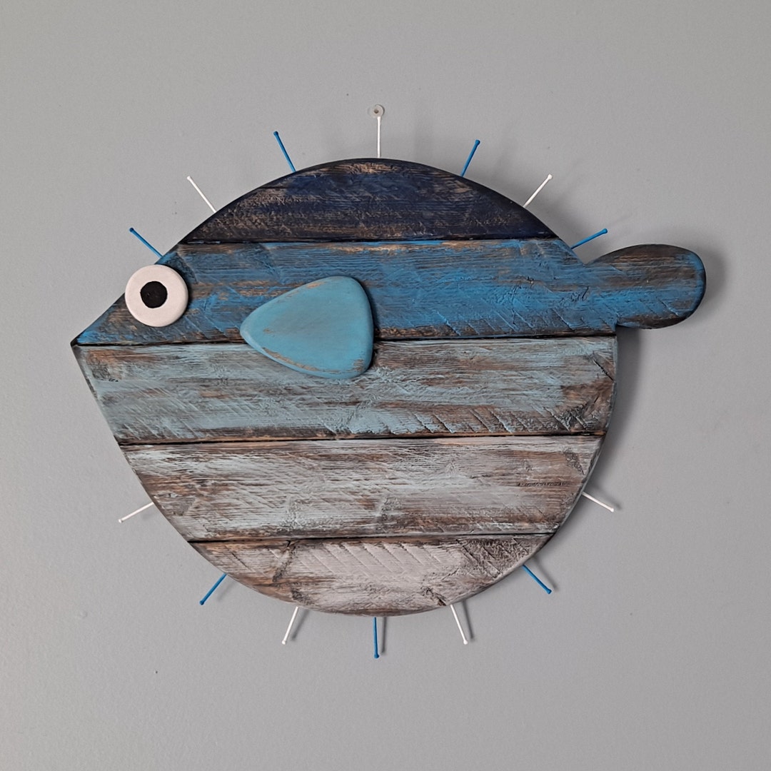 Large Wooden Puffer Fish Distressed Blue Wall Decor - Etsy