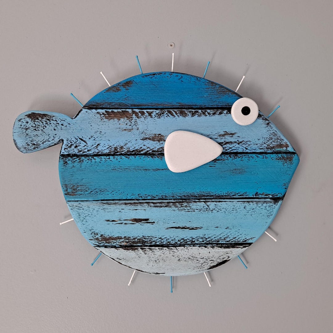 Large Wooden Puffer Fish Nautical Beach Blue Distressed Wall Decor - Etsy