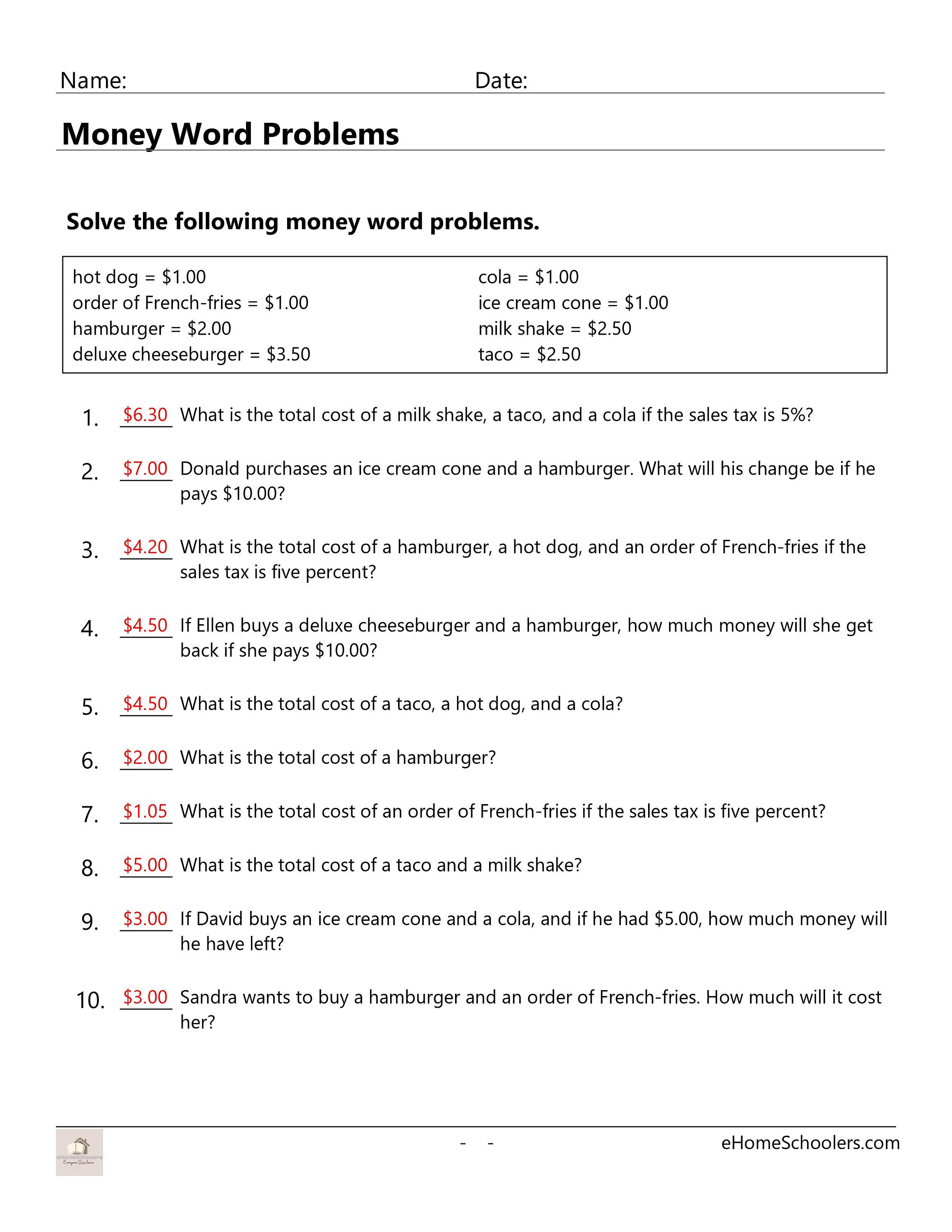 Time and Money Math Worksheets for 1st and 2nd Grade With Answer Keys ...