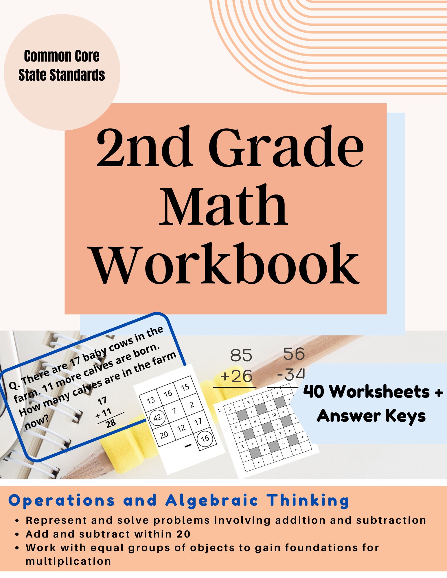 2nd Grade Math Workbook, 40 Worksheet With Answer Keys- Printable ...
