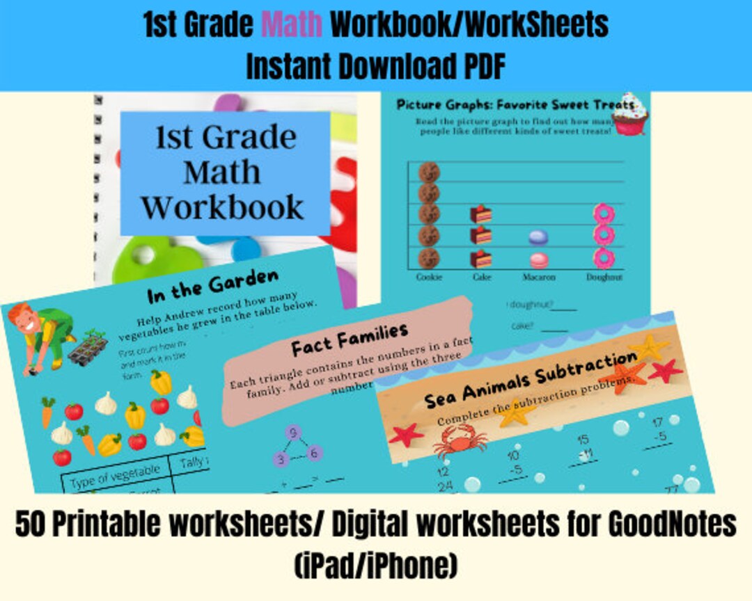 1st Grade Math Workbook – 50 Printable & Digital Worksheets (PDF) - Etsy