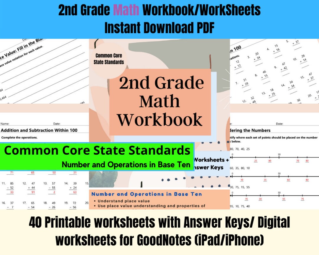 2nd Grade Math Workbook, 40- Worksheet With Answer Keys- Printable ...