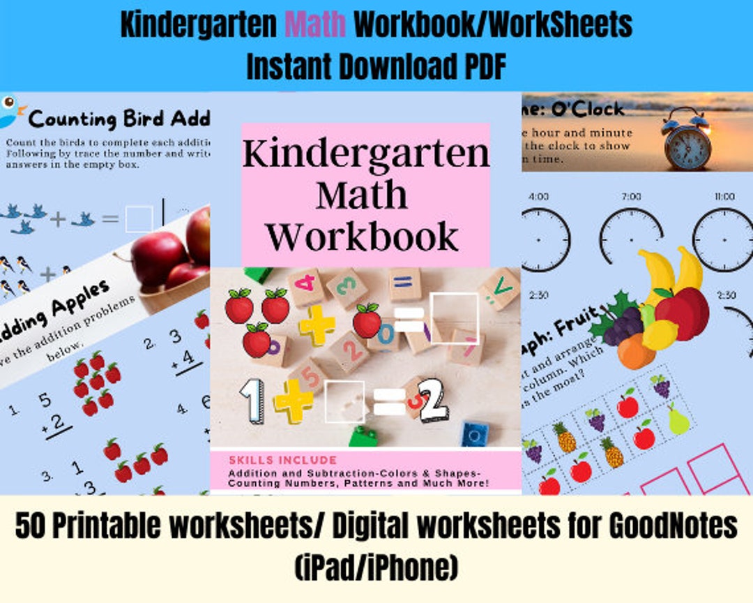 Kindergarten MATH Workbook, 50- Worksheets Printable, Digital ...