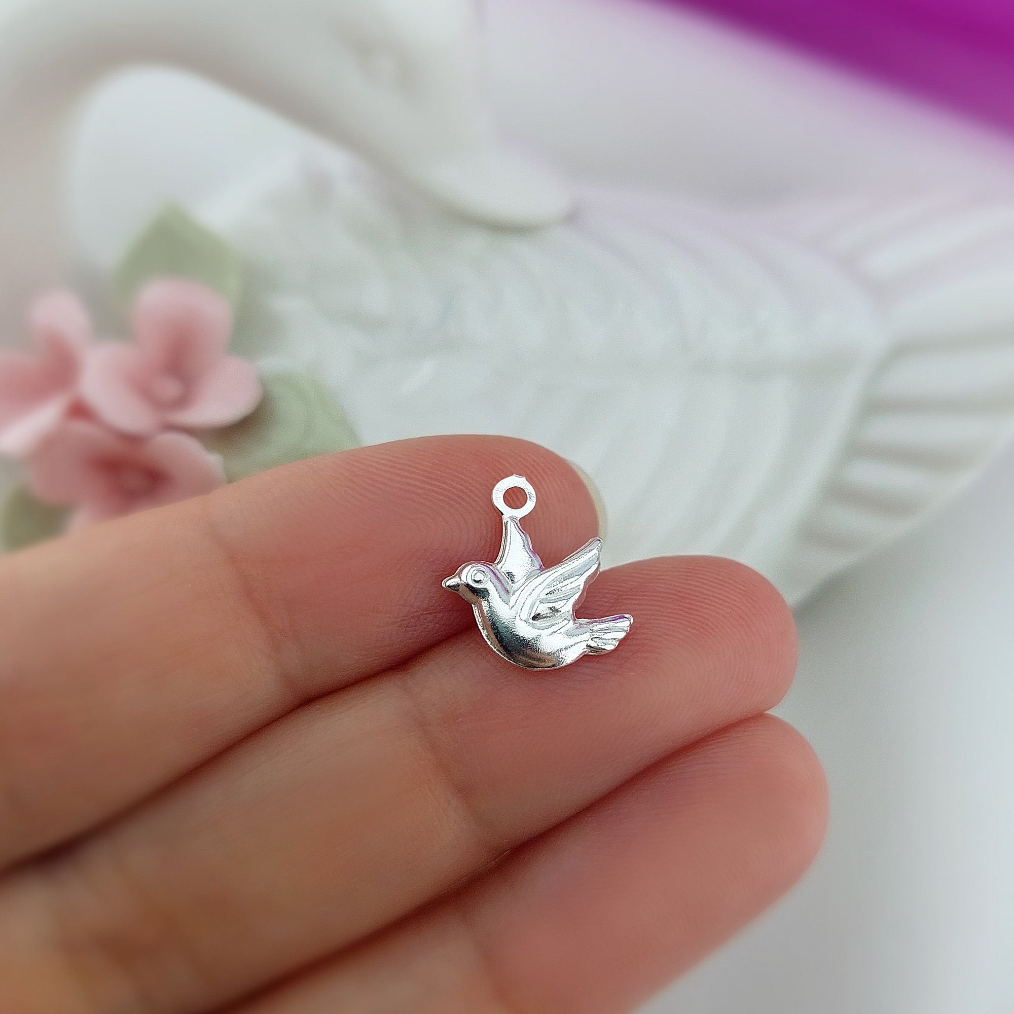 Sterling Silver Tiny Dove Charm, Bird Charm for Necklace, 925 Silver ...