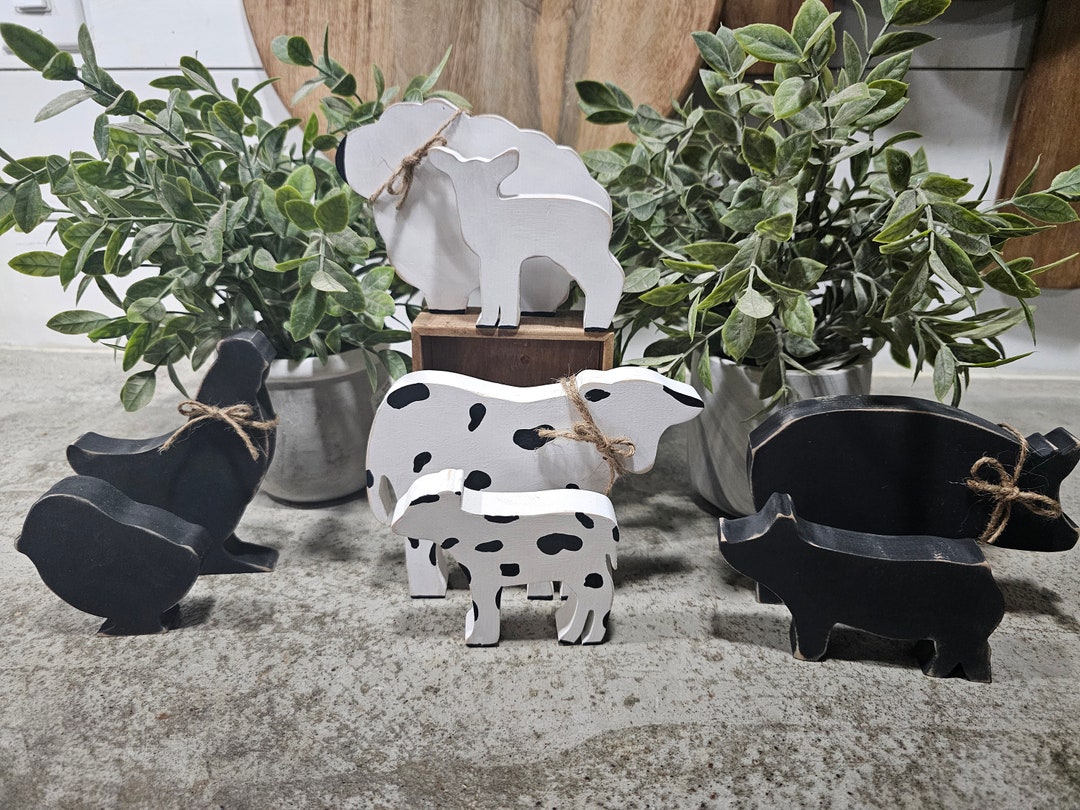 Wood Farm Animal Set, Cow, Chicken, Sheep, Pig, County, Tiered Tray ...