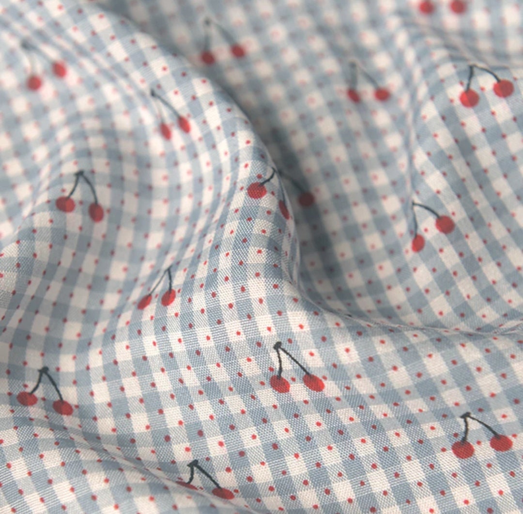 Cherry Print Baby Blue Plaid Fabric | Polyester, Cotton Fabric | Polka ...