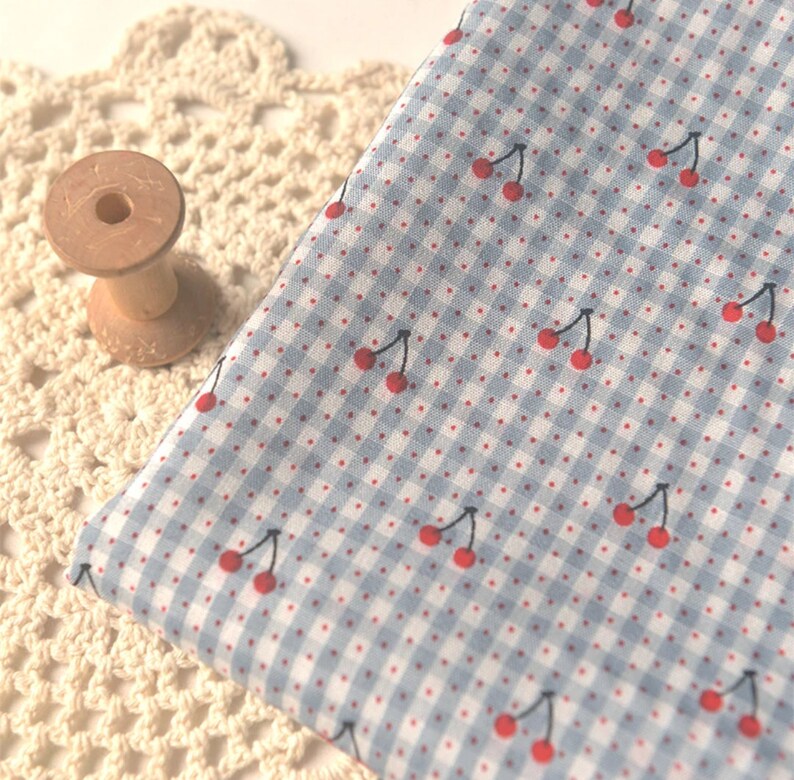 Cherry Print Baby Blue Plaid Fabric | Polyester, Cotton Fabric | Polka ...