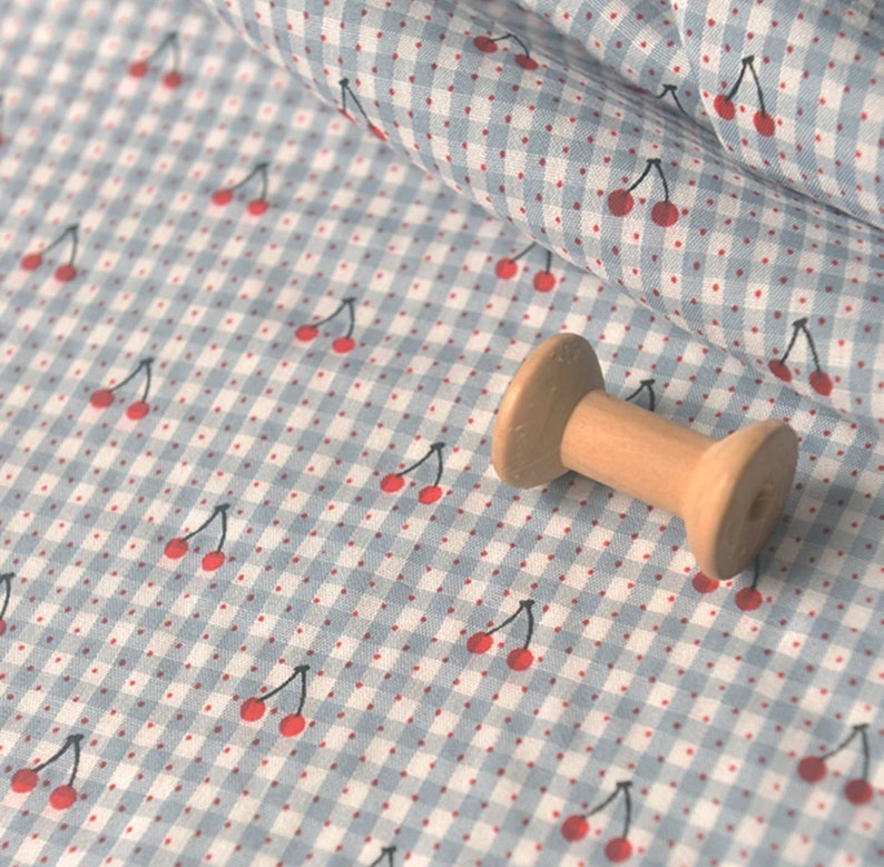 Cherry Print Baby Blue Plaid Fabric | Polyester, Cotton Fabric | Polka ...