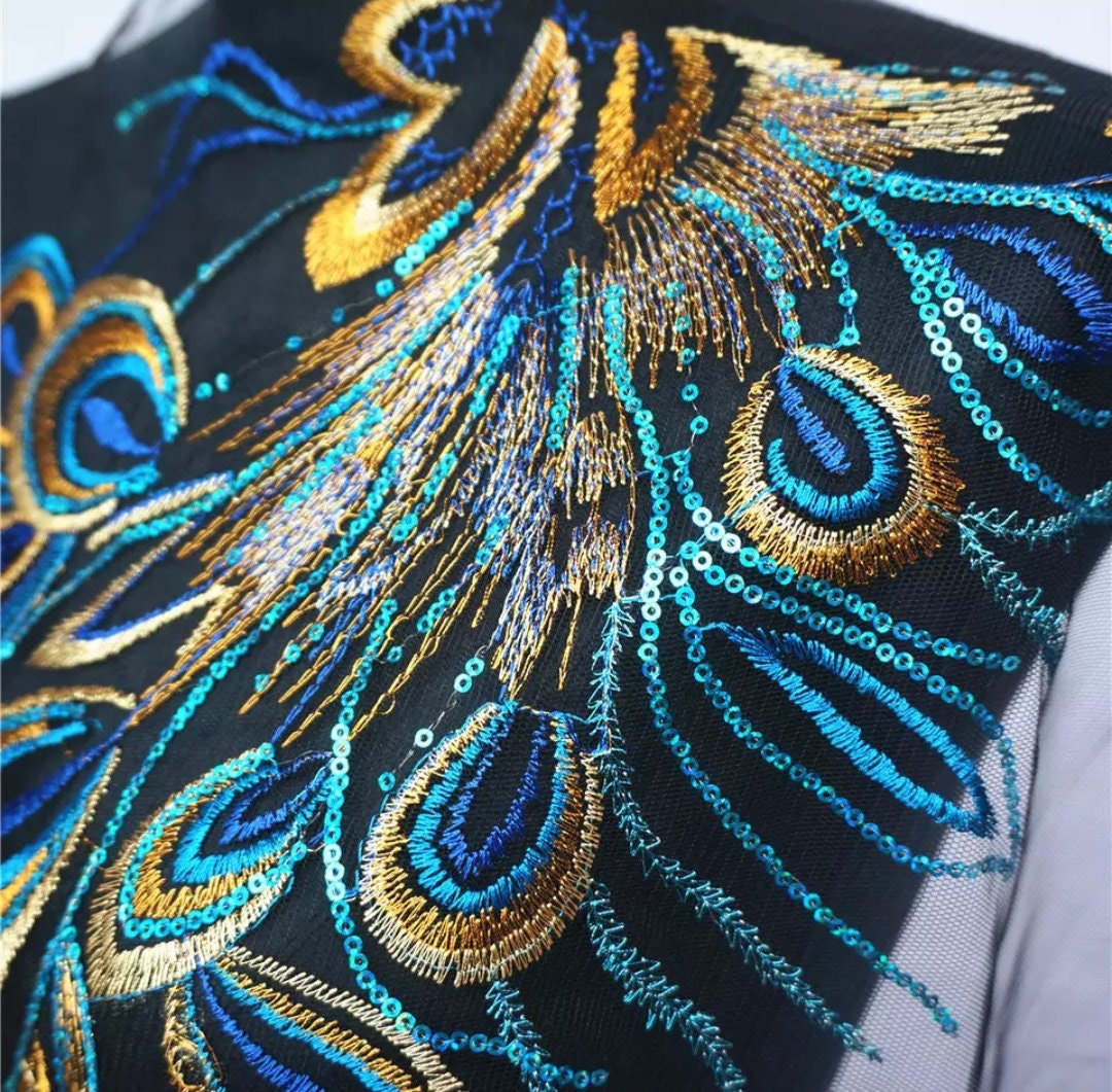 Sequin Embroidered Phoenix Peacock Print Applique | Embroidered Lace ...