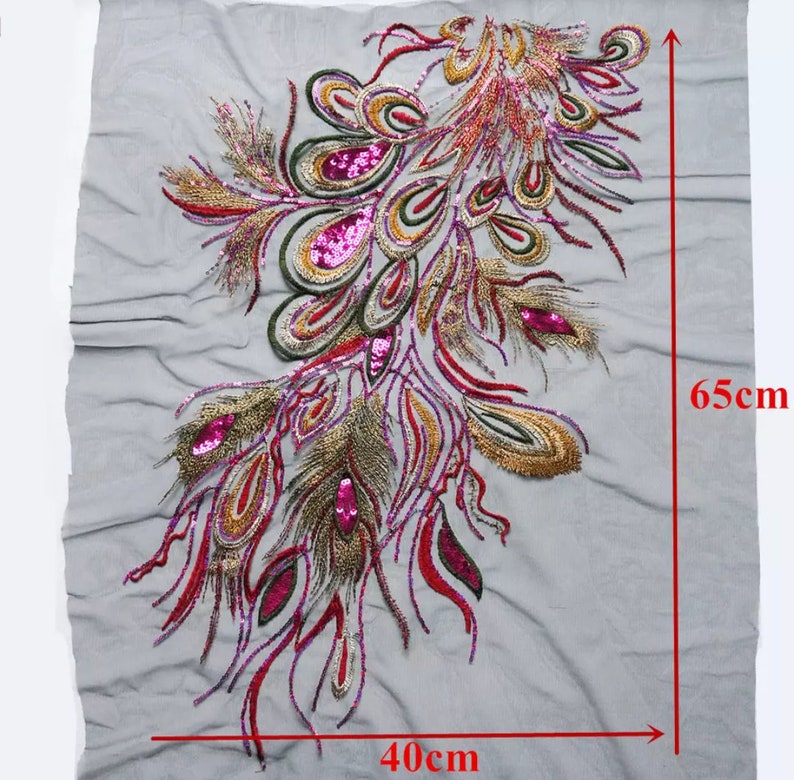 Sequin Embroidered Phoenix Peacock Print Applique | Embroidered Lace ...