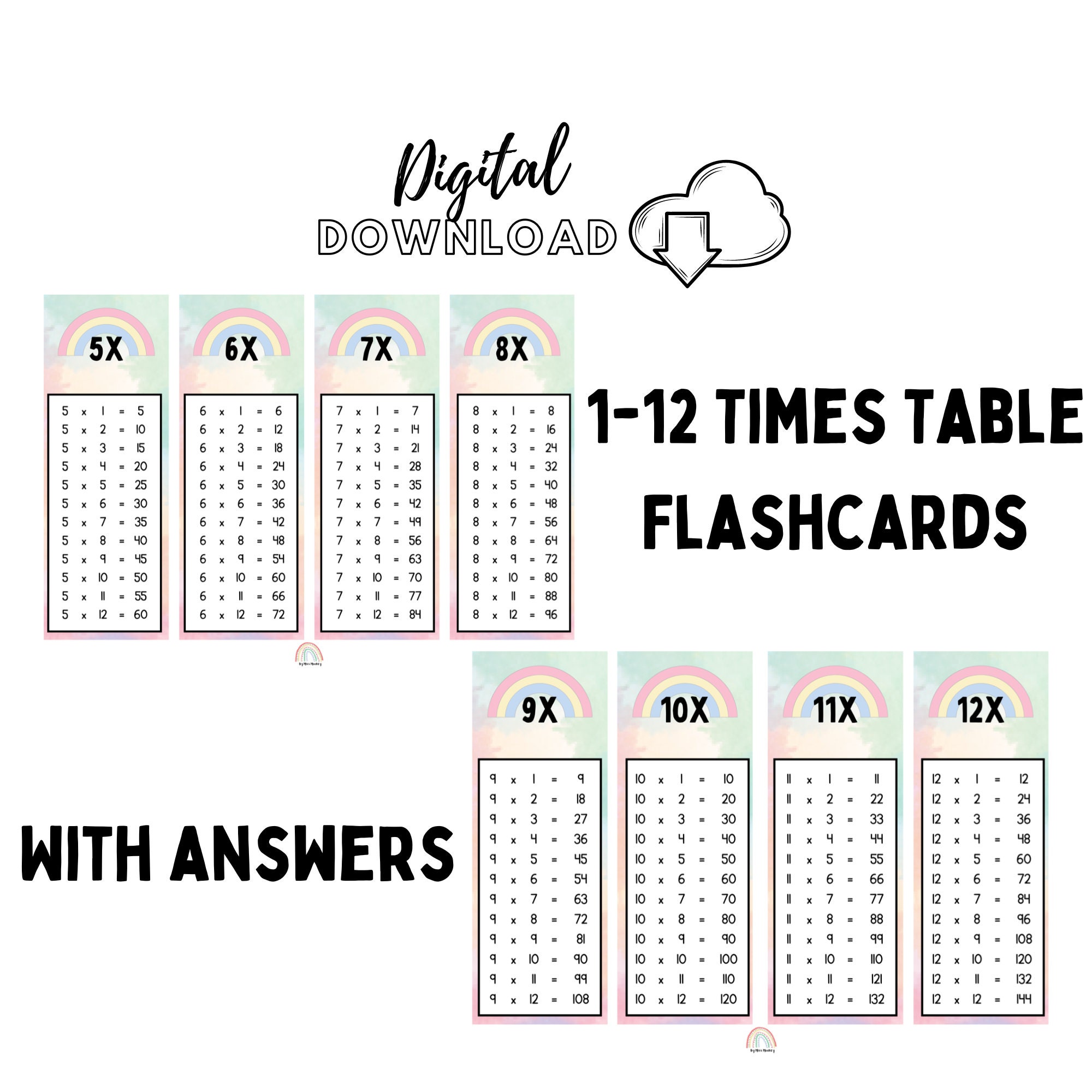 Pastel Rainbow 1-12 Times Table Multiplication Flashcards - Etsy
