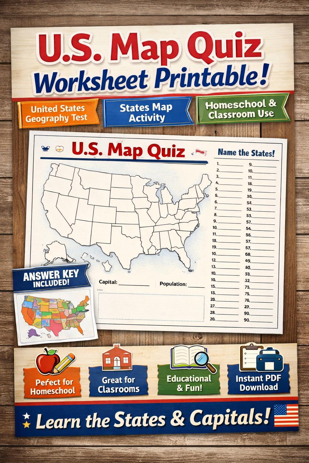 United States Map Quiz Printable | USA States Worksheet | 50 States ...