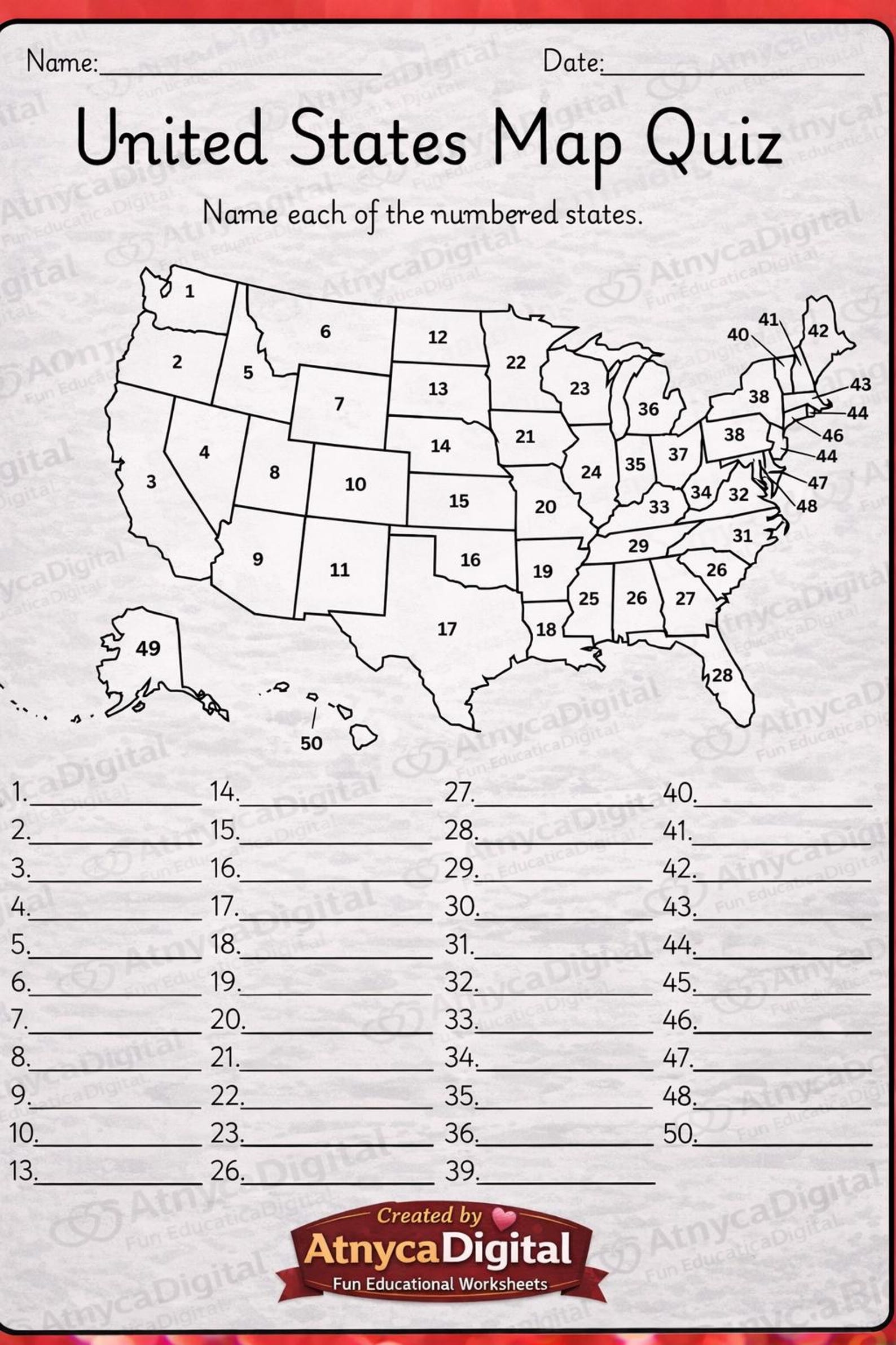 U.S. Map Quiz Worksheet | Geography Activity (printable PDF) - Etsy