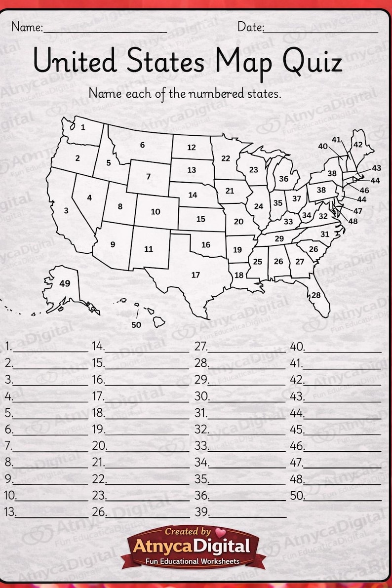 U.S. Map Quiz Worksheet | Geography Activity (printable PDF) - Etsy