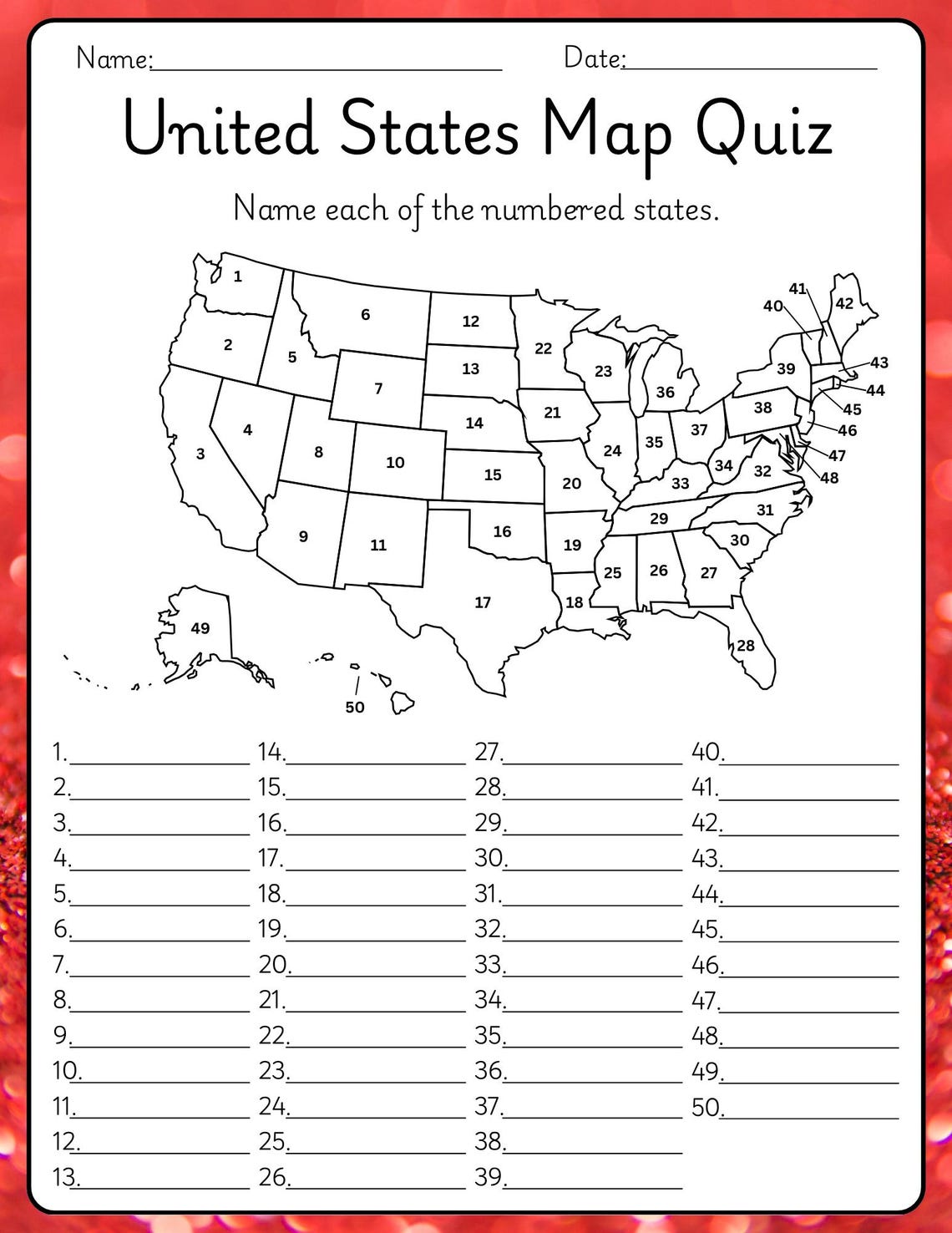 United States Map Quiz Printable | USA States Worksheet | 50 States ...