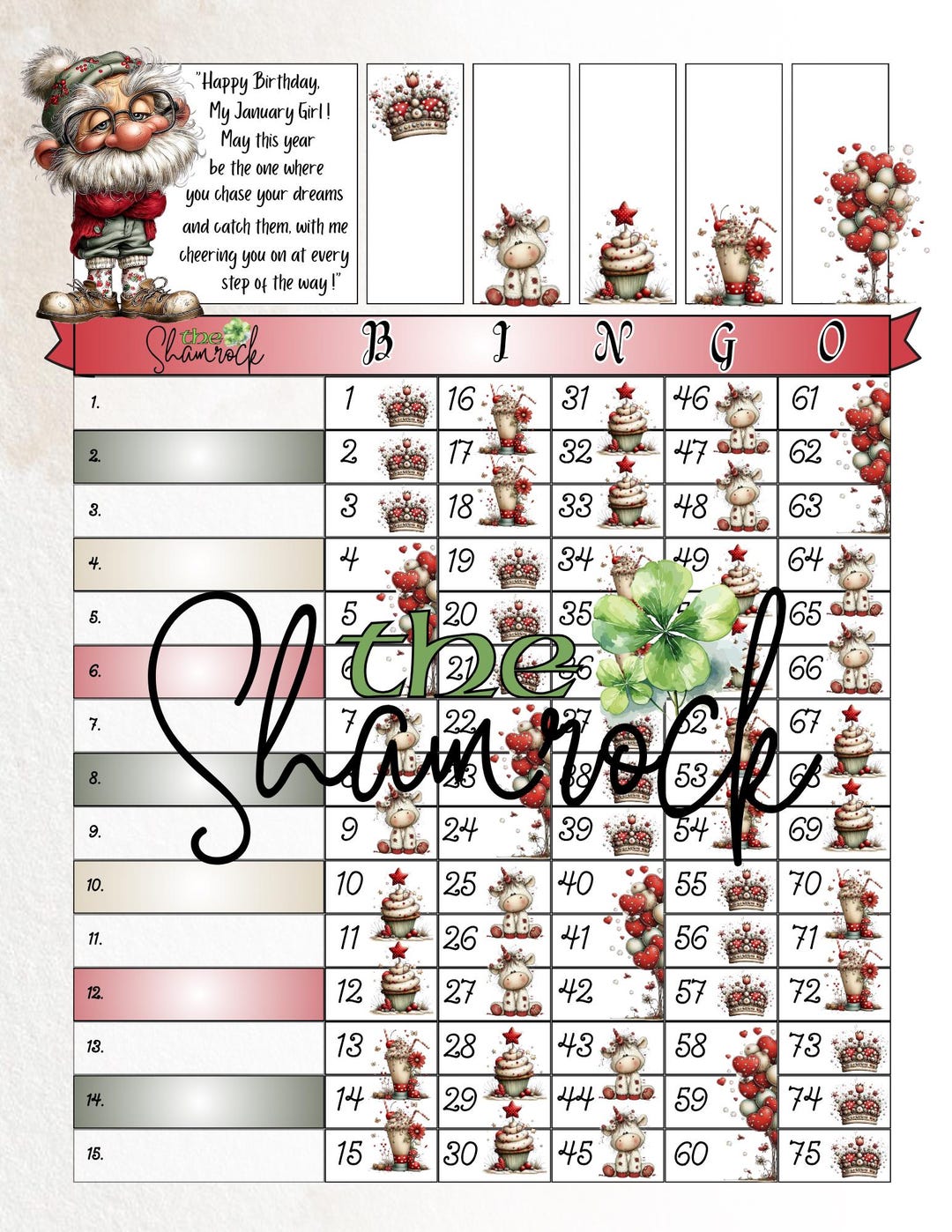Bingo Boards | January Birthday Girl | Straight 75 | Houdini 75 | - Etsy