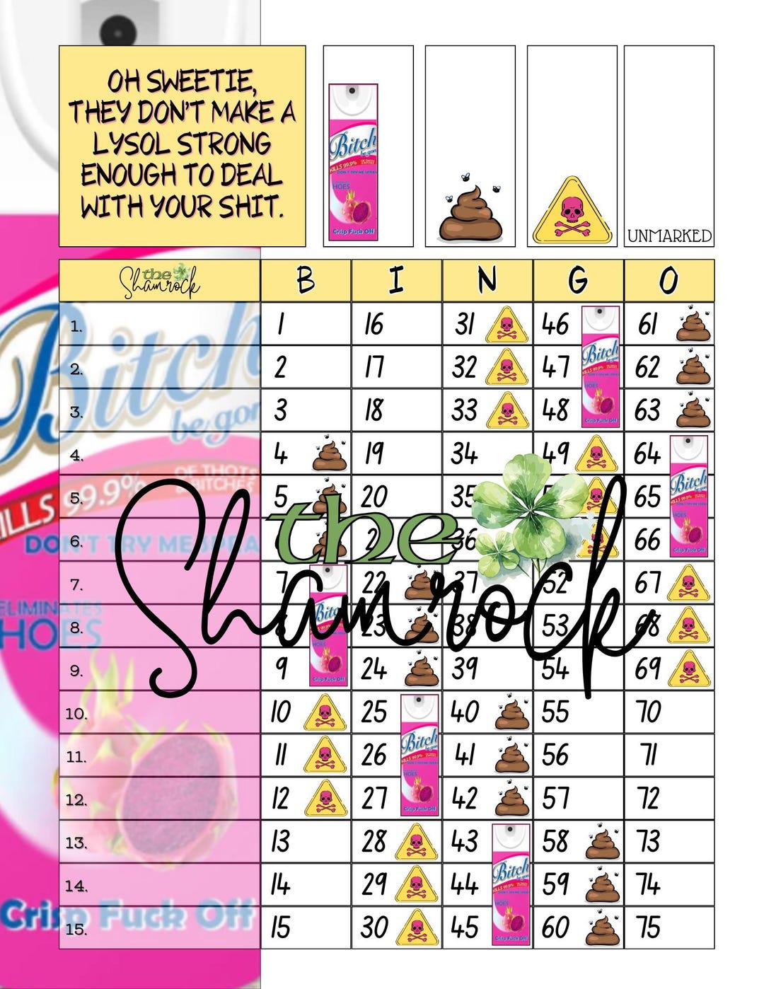 Bingo Boards | Pink Lysol B!tch Spray | Straight 75 | Houdini 75 | - Etsy