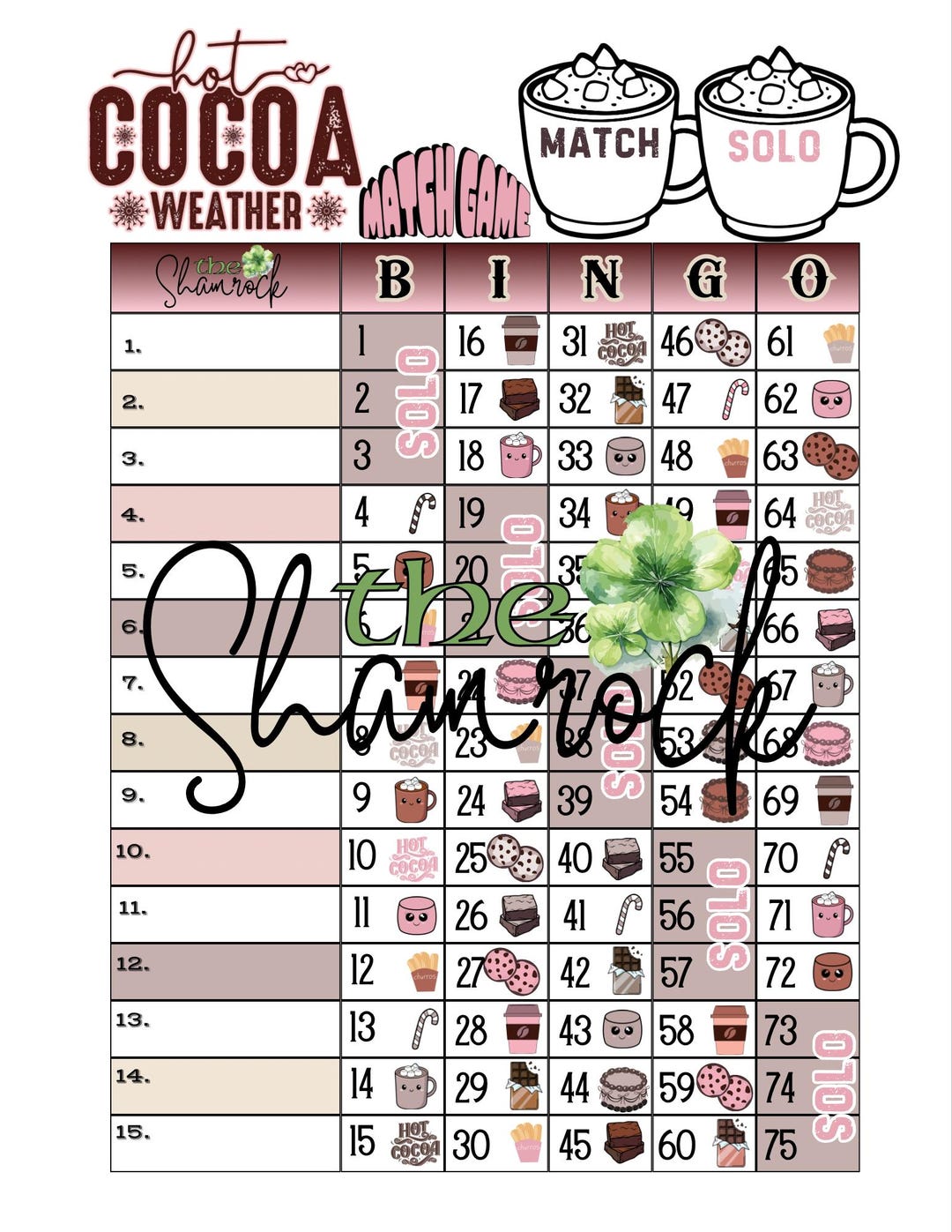 Cartones de bingo / Clima de chocolate caliente / 75 sencillos / 75 ...