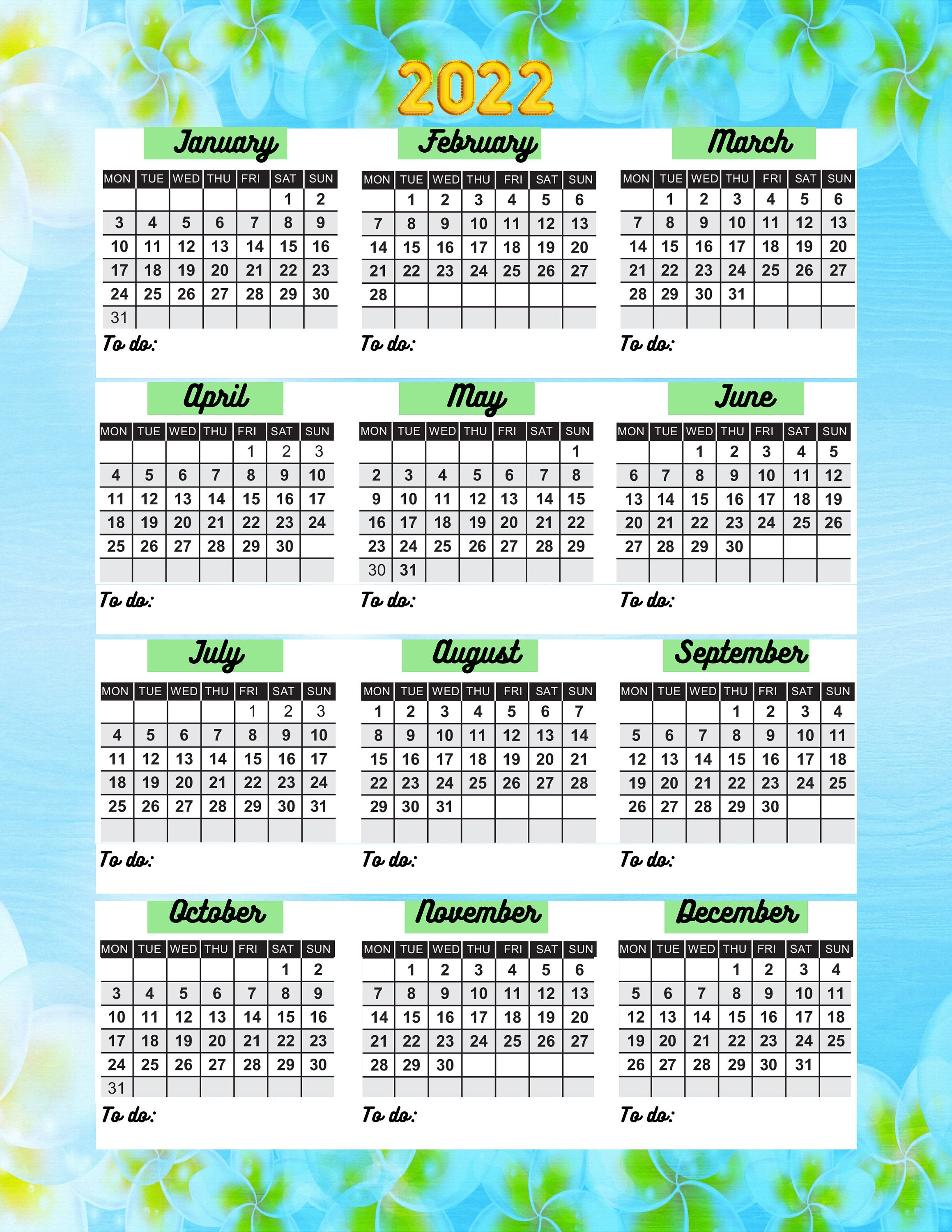 2022 Calendar With Editable To-do List - Etsy