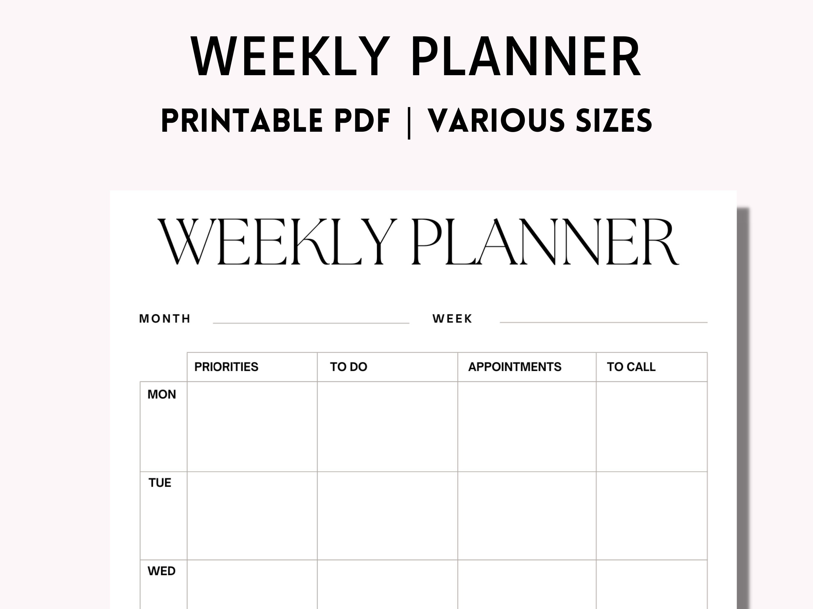 Weekly Planner, Printable Weekly Schedule Template PDF, Week at A ...