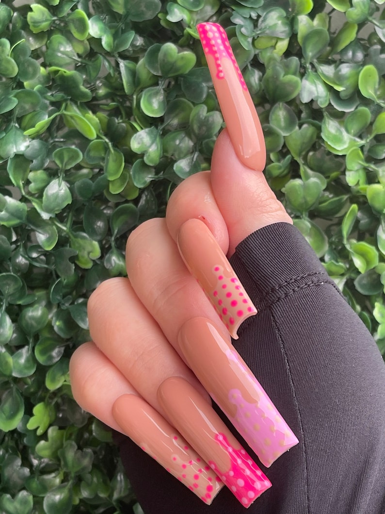 Xl Pink Drip Press On Nails Xxl Nails Coffin Nails Etsy Uk