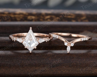 Kite Cut Moissanite Engagement Ring Set Vintage Rose Gold - Etsy