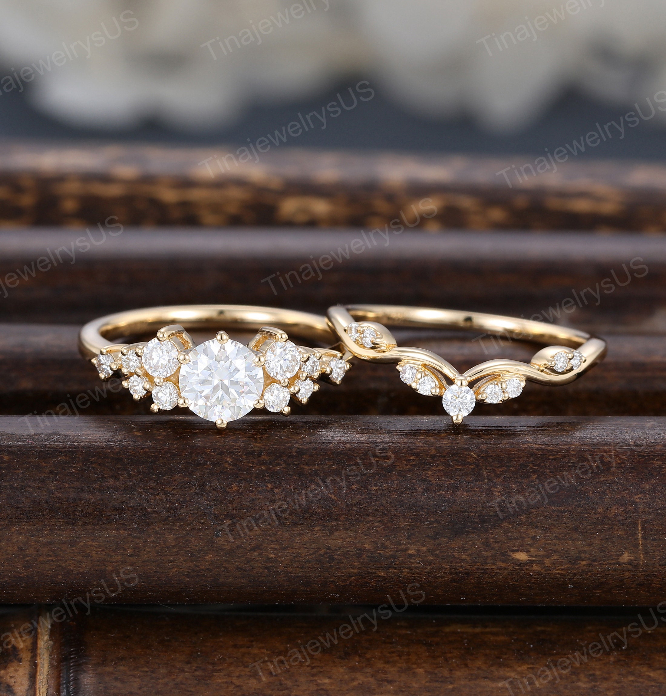 Round Moissanite Engagement Ring Set Unique Yellow Gold - Etsy