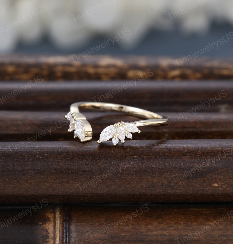 Unique Marquise Moissanite Curved Wedding Band Vintage Solid Yellow ...