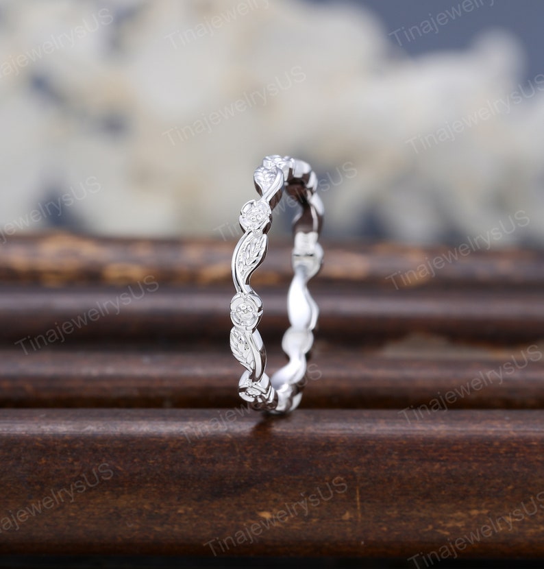 Nature Inspired Straight Wedding Band Unique Plain 10k/14k White Gold ...