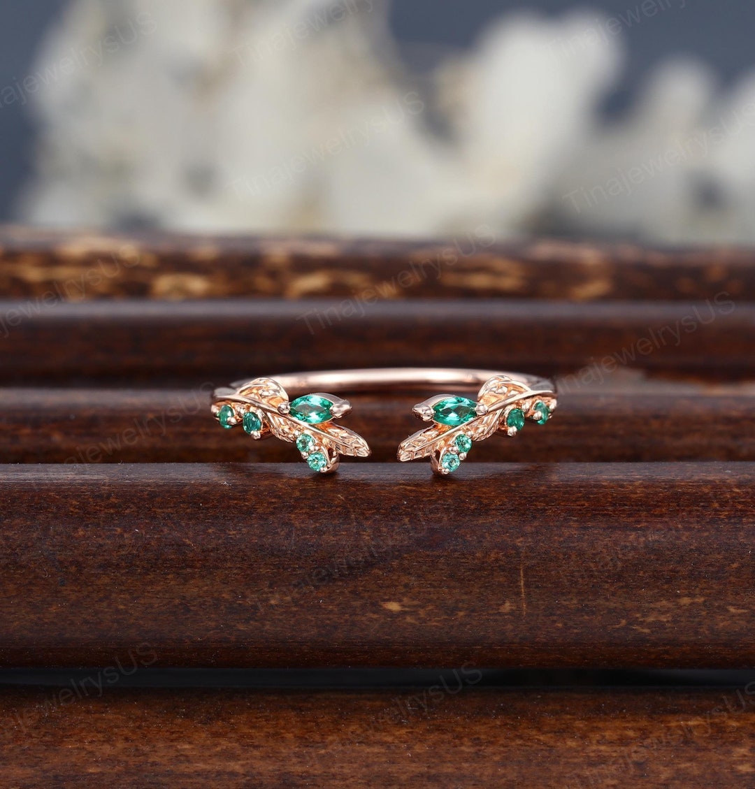Vintage Rose Gold Open Ring Unique Marquise Green Emerald Curved ...