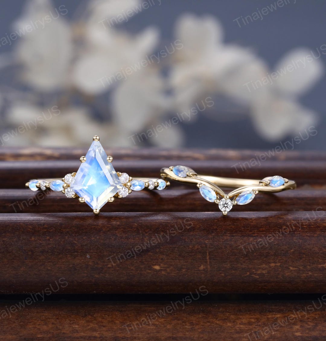 Kite Cut Moonstone Engagement Ring Set Yellow Gold Engagement Ring ...