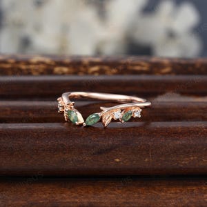 Vintage Rose Gold Open Ring Unique Marquise Cut Moss Agate Curved ...