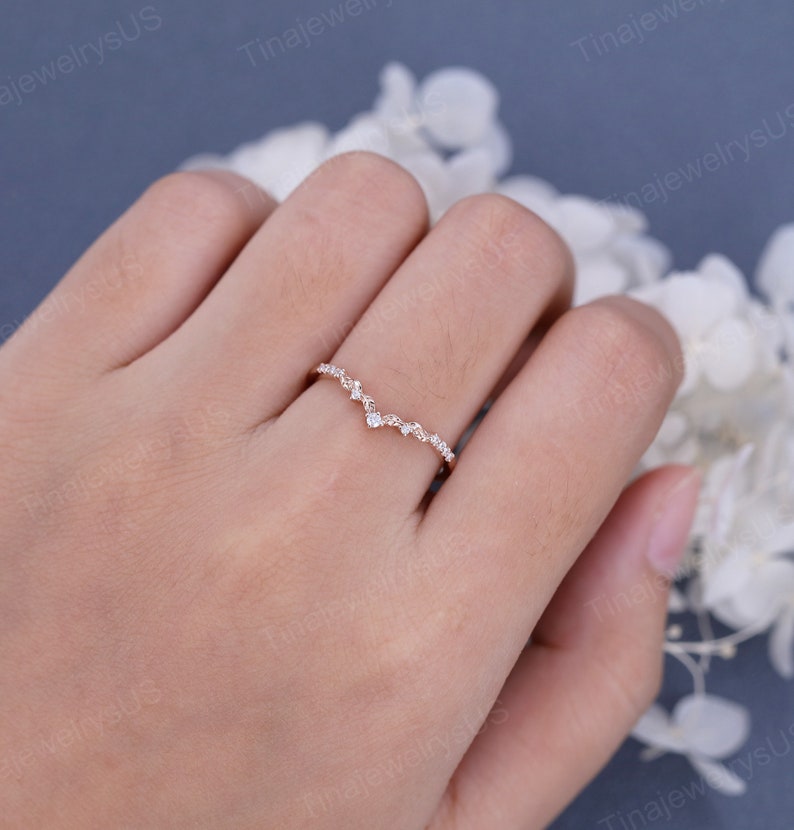 Vintage Leaf Moissanite Curved Wedding Band Art Deco 14k Rose Gold Half ...