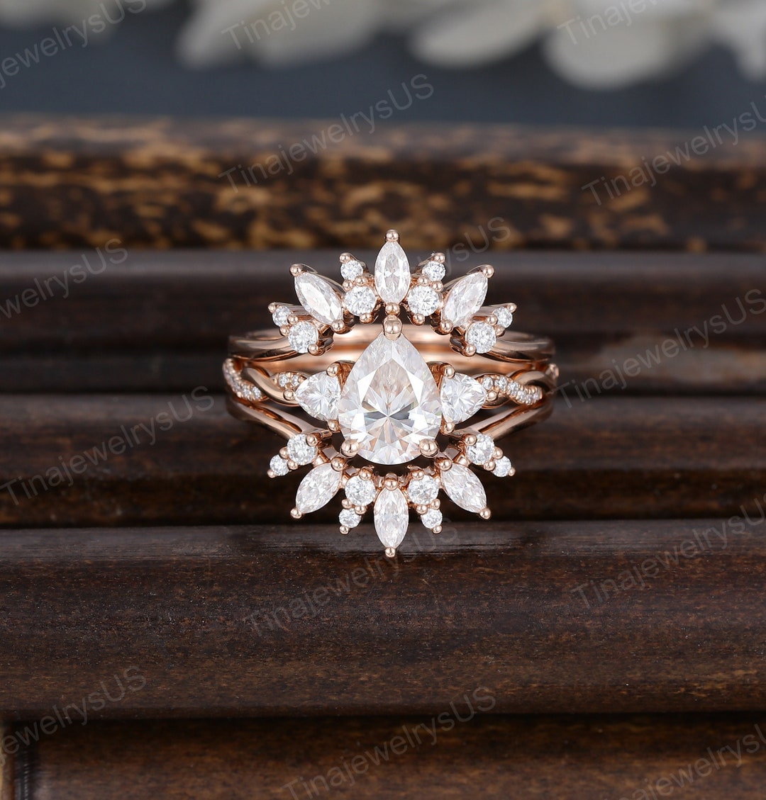 Pear Shaped Moissanite Engagement Ring Set Rose Gold Engagement Ring ...