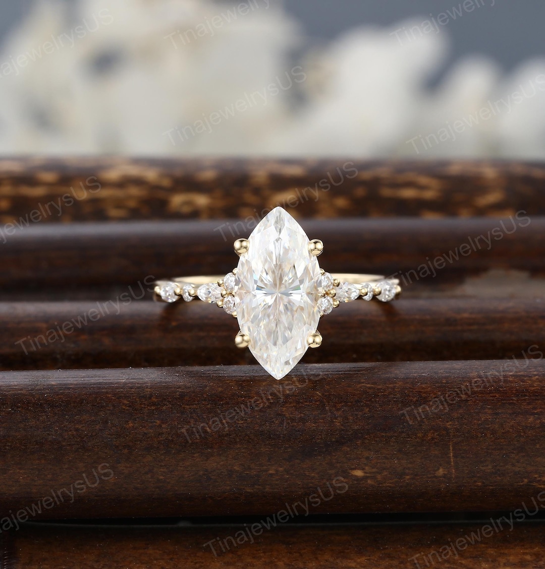 2ct Marquise Cut Moissanite Engagement Ring Vintage Yellow Gold Diamond ...