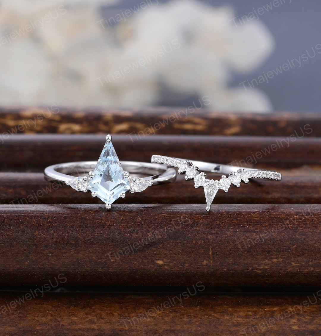 Kite Cut Aquamarine Engagement Ring Set White Gold Engagement Ring ...
