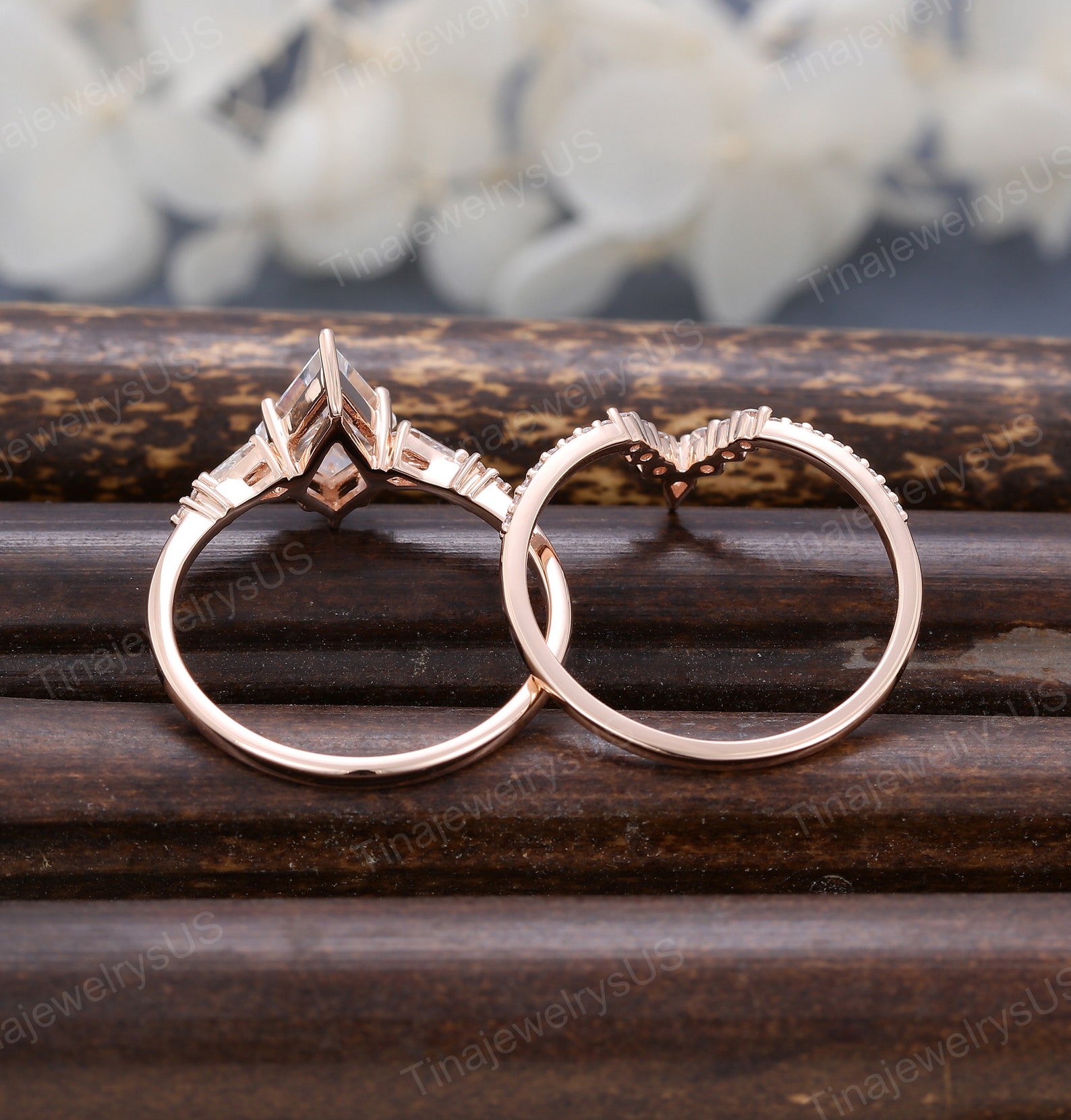 Vintage Kite Cut Moissanite Engagement Ring Set Rose Gold Half Eternity ...