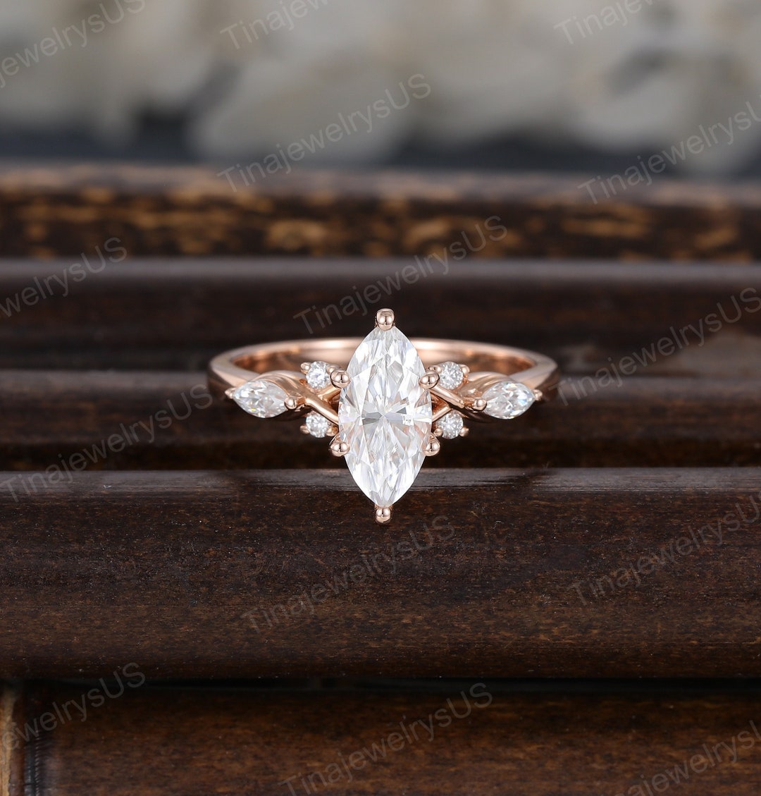 Marquise Cut Engagement Ring Unique Rose Gold Engagement Ring Vintage Marquise Cluster Eye Ring ...