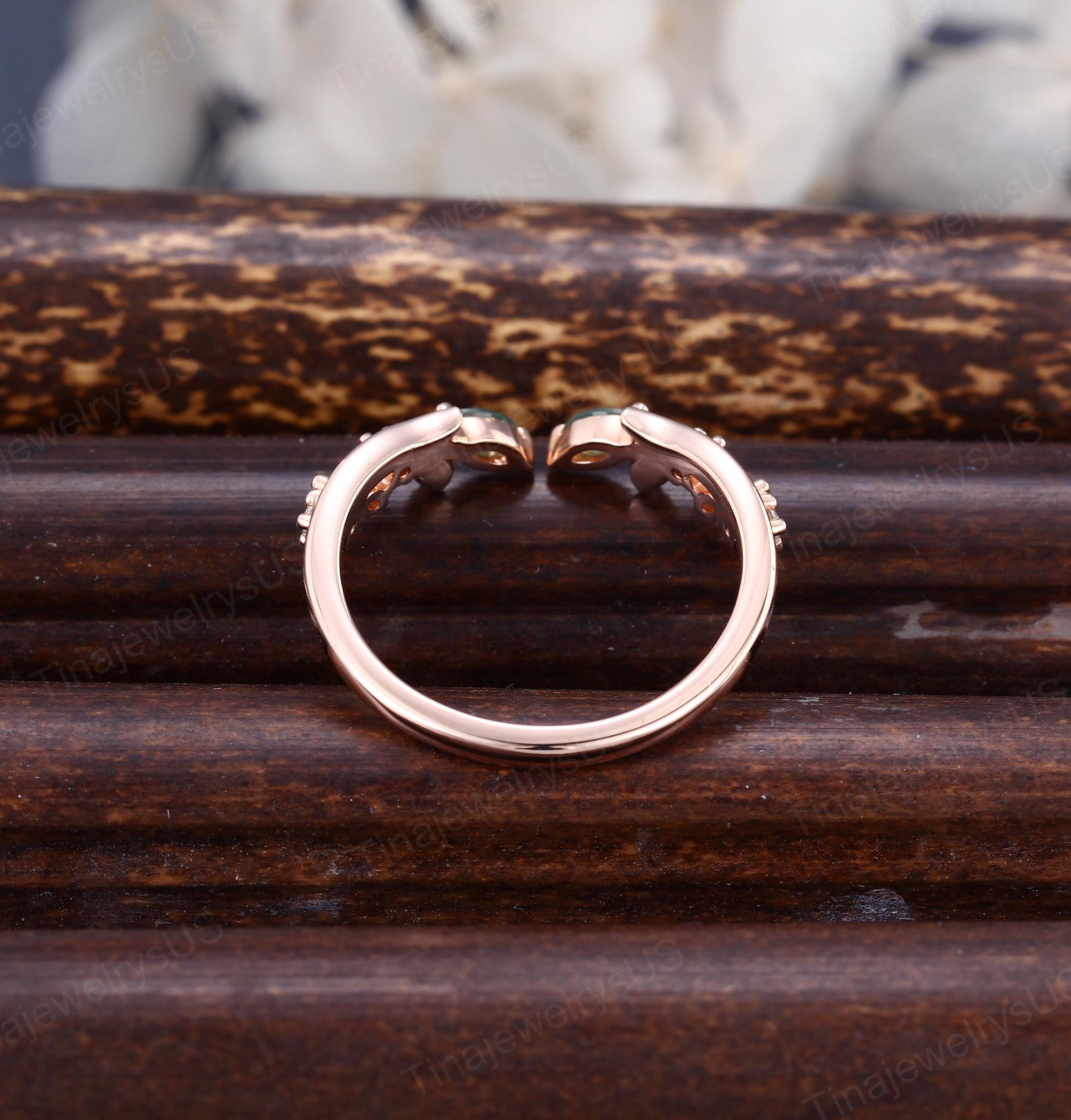 Vintage Rose Gold Open Ring Unique Marquise Cut Moss Agate Curved ...