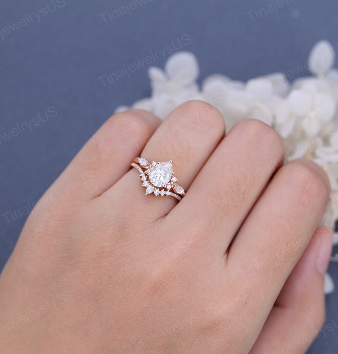 Pear Shaped Engagement Ring Set Unique Rose Gold Engagement - Etsy