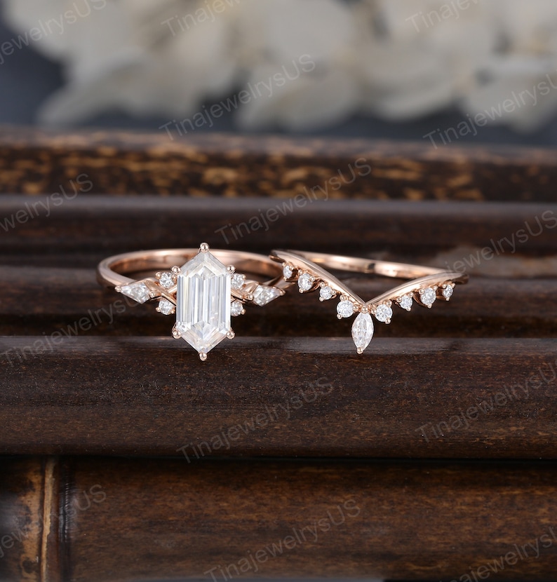 Long Hexagon Engagement Ring Set Unique Rose Gold Engagement - Etsy