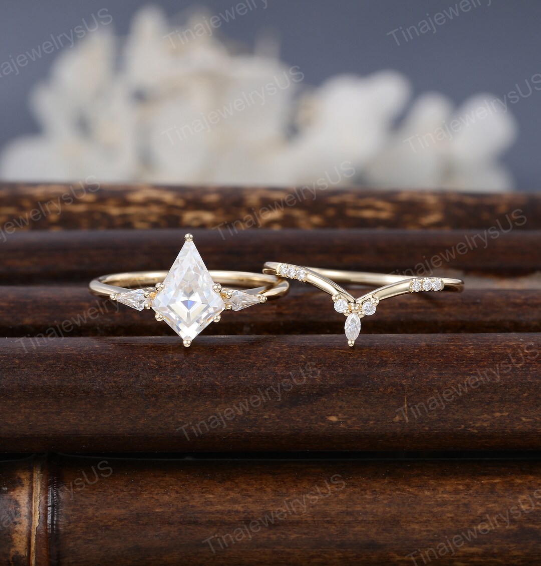 Kite Cut Moissanite Engagement Ring Set Yellow Gold Engagement Ring ...