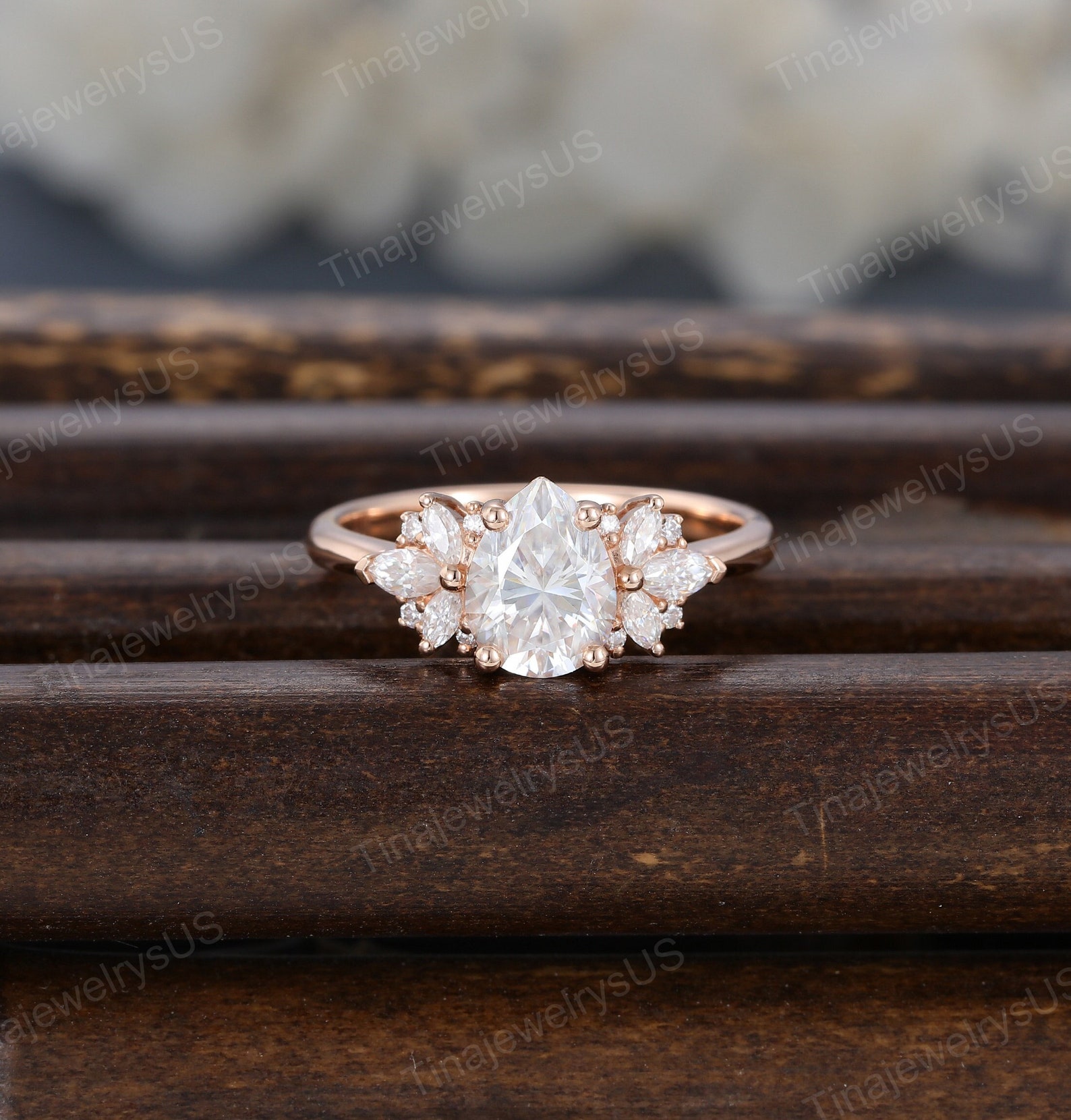 Vintage Pear Moissanite Engagement Ring 14K Rose Gold Engagement Ring ...