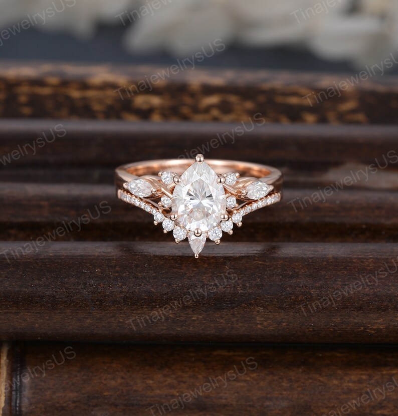 Pear Shaped Engagement Ring Set Unique Rose Gold Engagement - Etsy