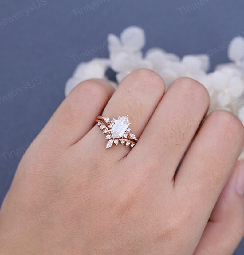 Long Hexagon Engagement Ring Set Unique Rose Gold Engagement - Etsy