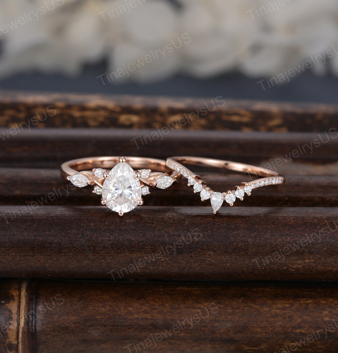 Pear Shaped Engagement Ring Set Unique Rose Gold Engagement Ring ...