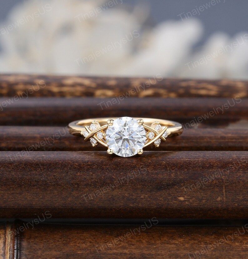 Vintage Round Moissanite Engagement Ring Yellow Gold Engagement Ring ...