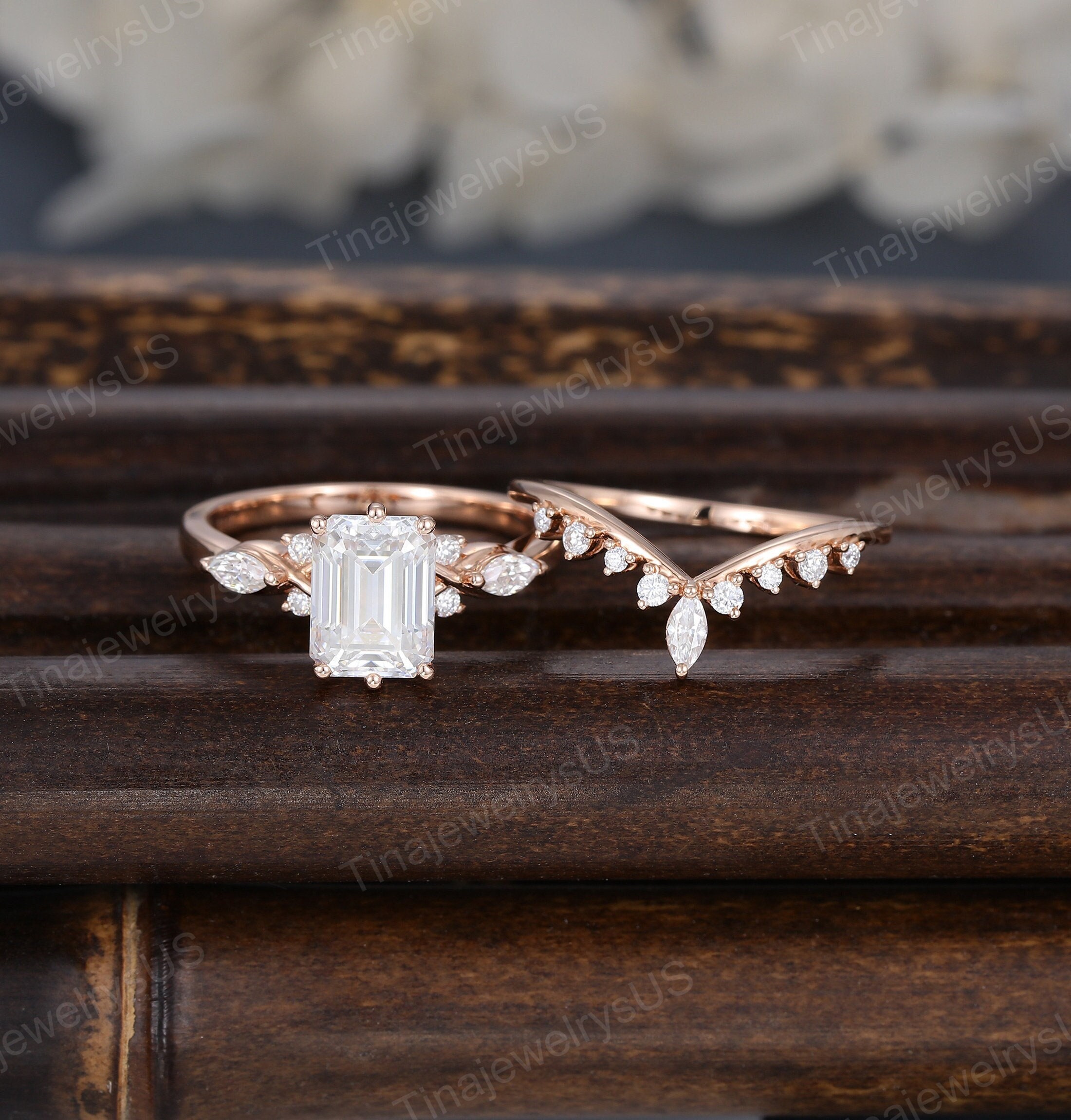 Emerald Cut Engagement Ring Set Unique Rose Gold Engagement - Etsy