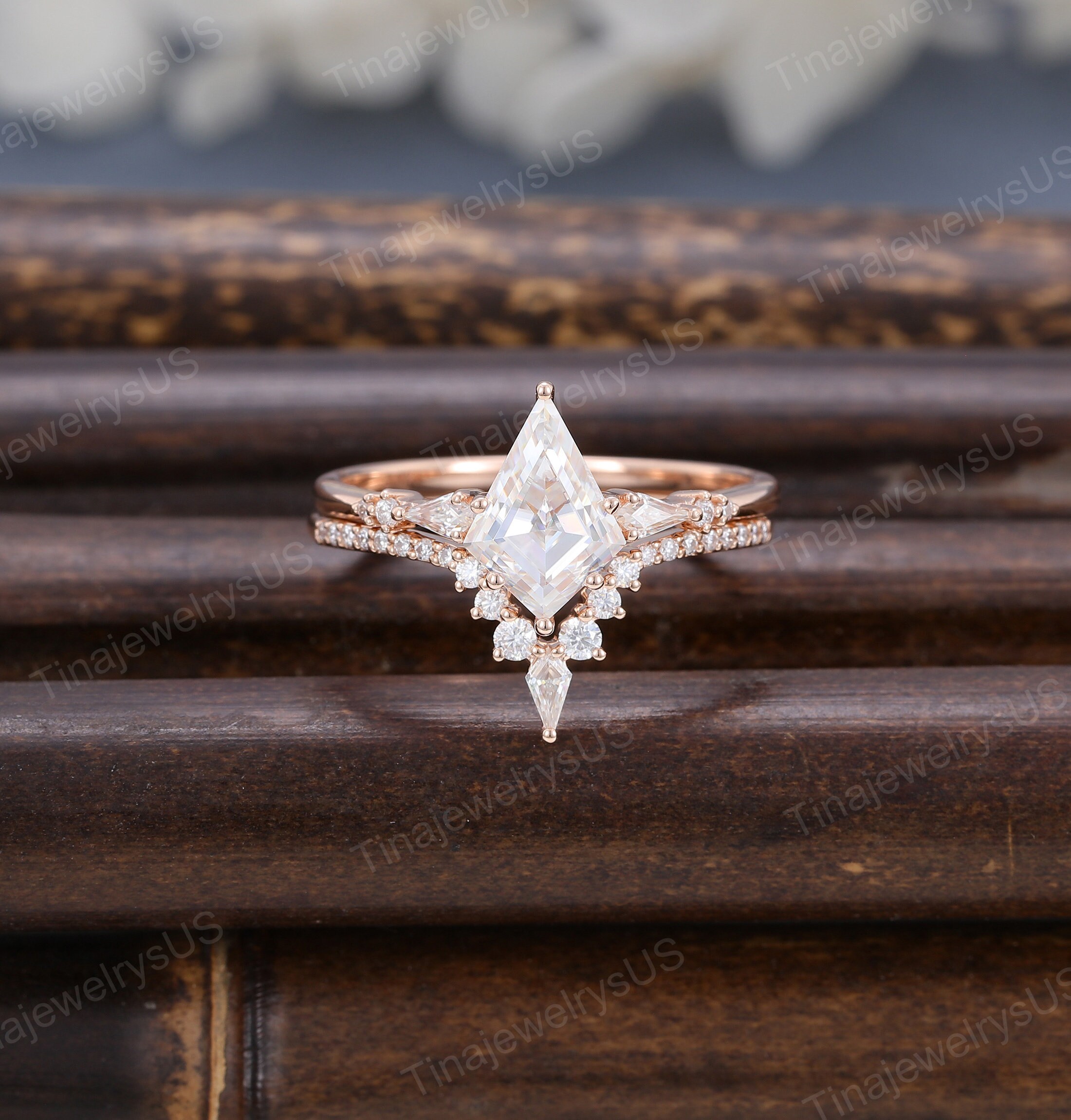 Vintage Kite Cut Moissanite Engagement Ring Set Rose Gold Half Eternity ...